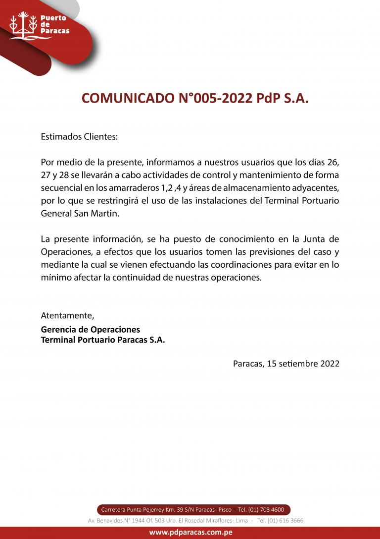 Comunicado N°005-2022 - Puerto de Paracas